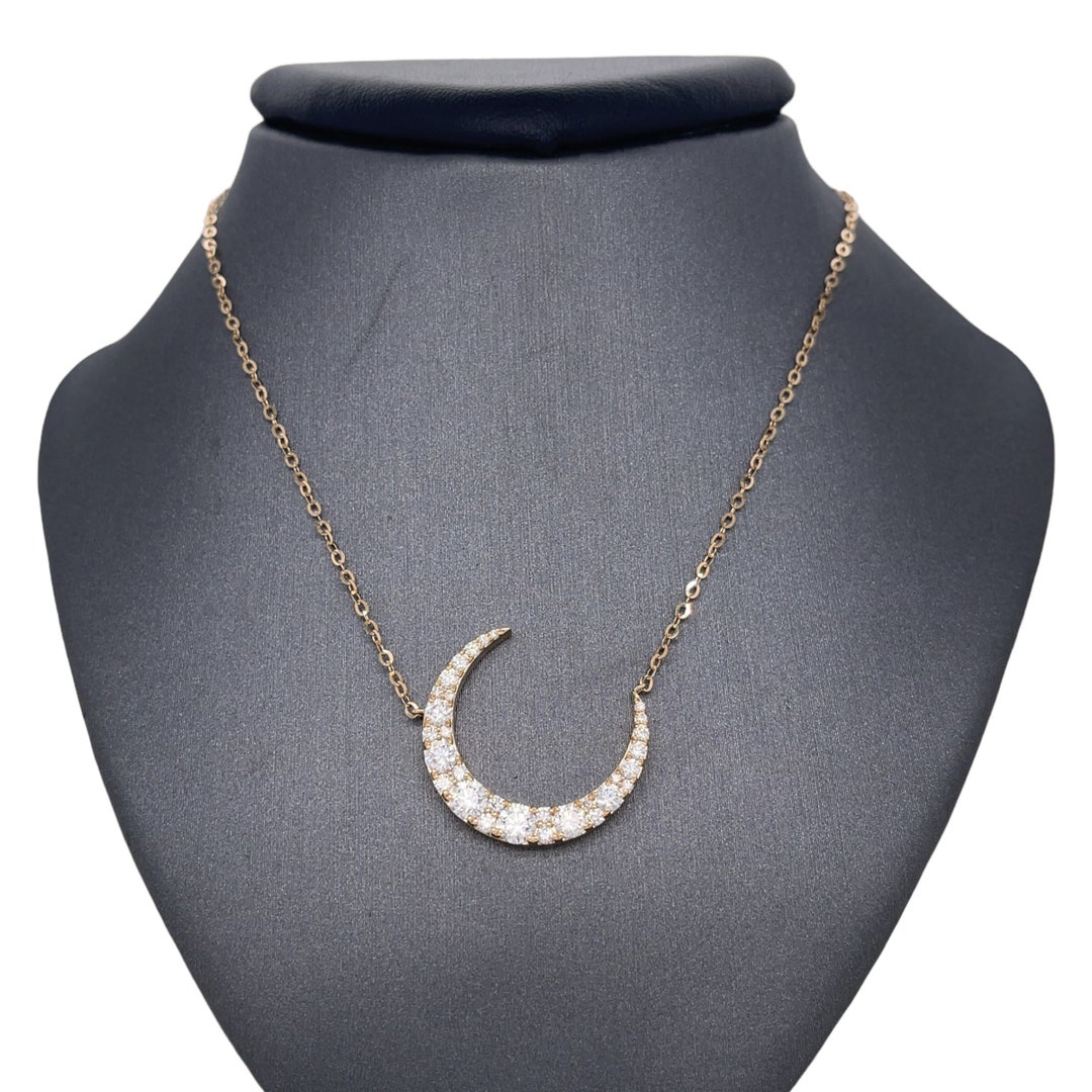 14K Yellow Gold Diamond Moon Charm Necklace - Etsy