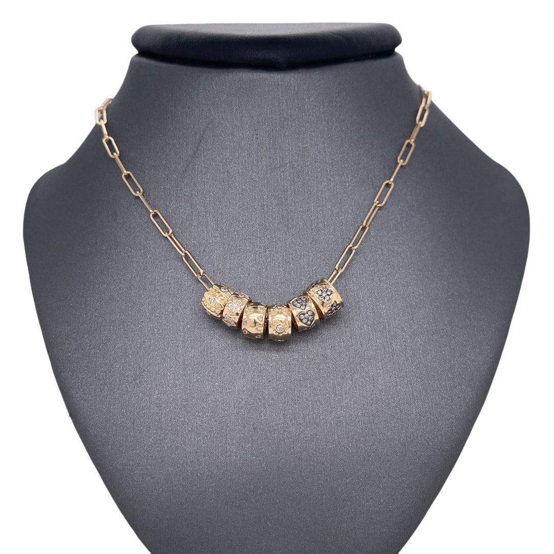 14K Solid Yellow Gold Diamond Charm Rondelle Spacers, Diamonds, Heart ...