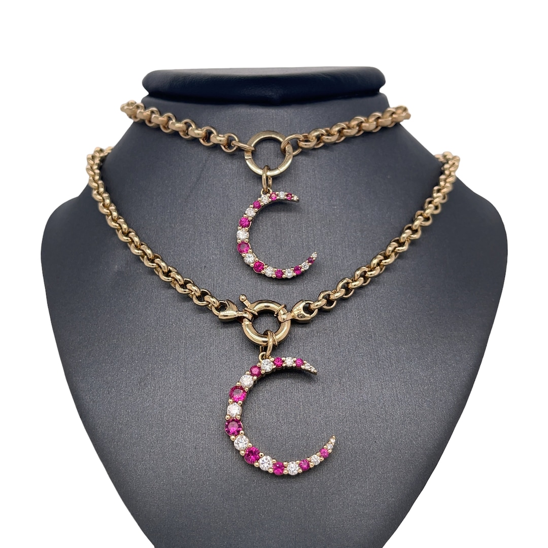 14K Solid Gold Diamonds Ruby Crescent Moon Charm, Prong Setting, Yellow ...