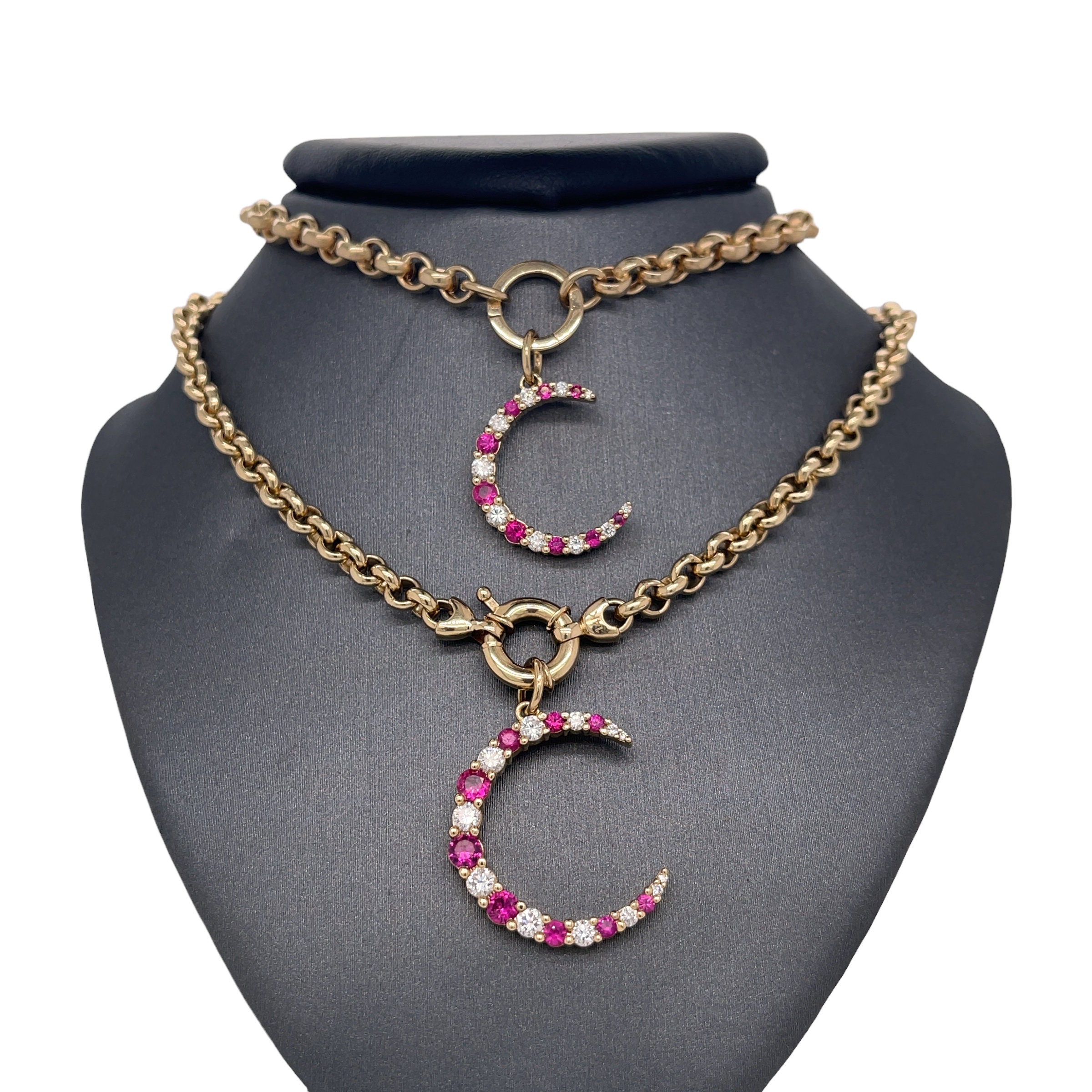14K Solid Gold Diamonds Ruby Crescent Moon Charm - Etsy