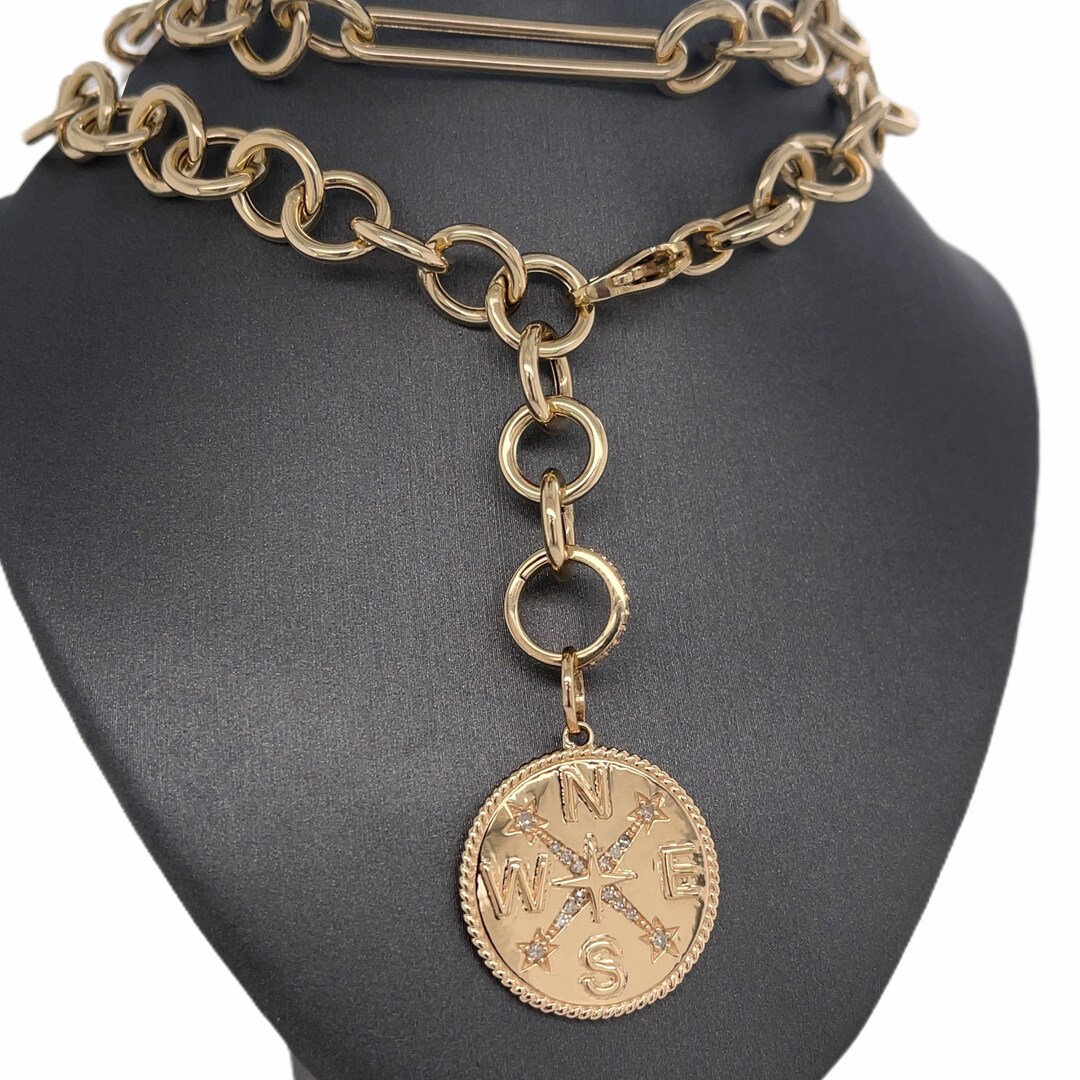 14K Solid Gold, Signature Braided Rim Nautical Compass Pave Diamonds ...