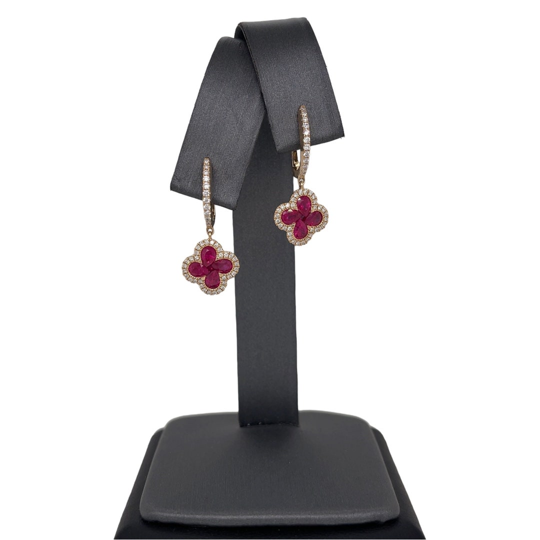 14K Yellow Gold Diamond and Ruby Clover Earrings, Diamond Huggies, Drop ...
