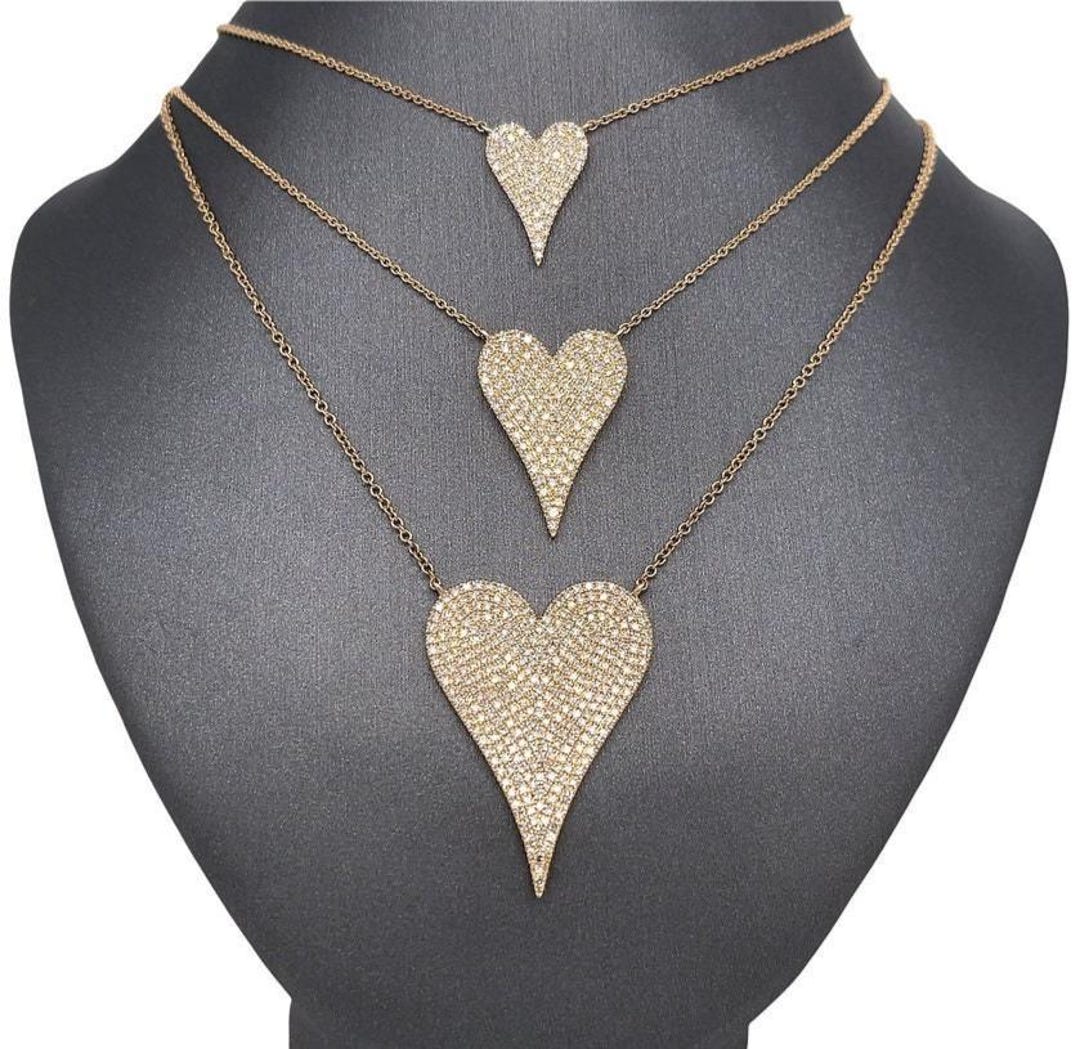 14K Solid Yellow Gold Diamond Heart Necklace, Yellow Gold, Diamond ...