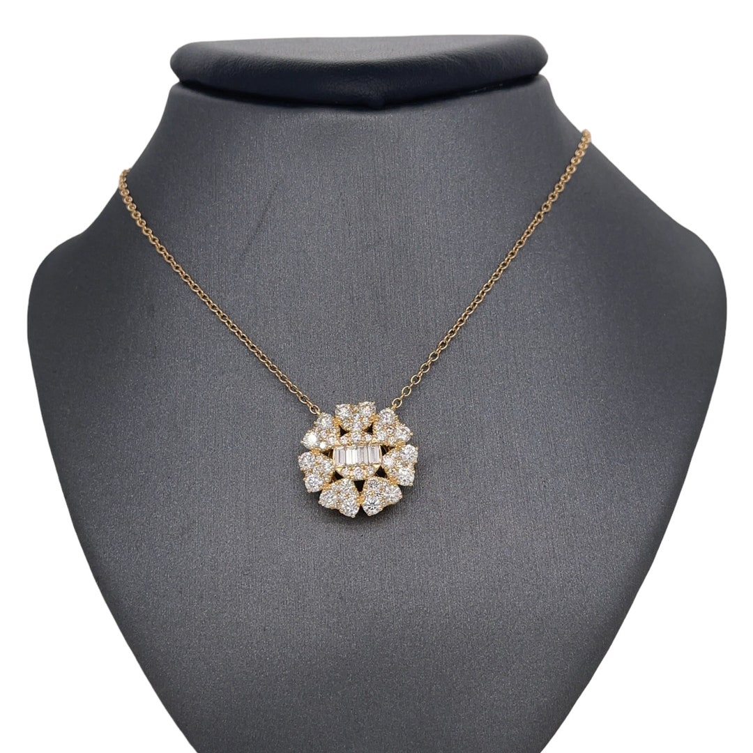 18K Yellow Gold Diamond Flower Charm Necklace, Diamonds, Baguette ...