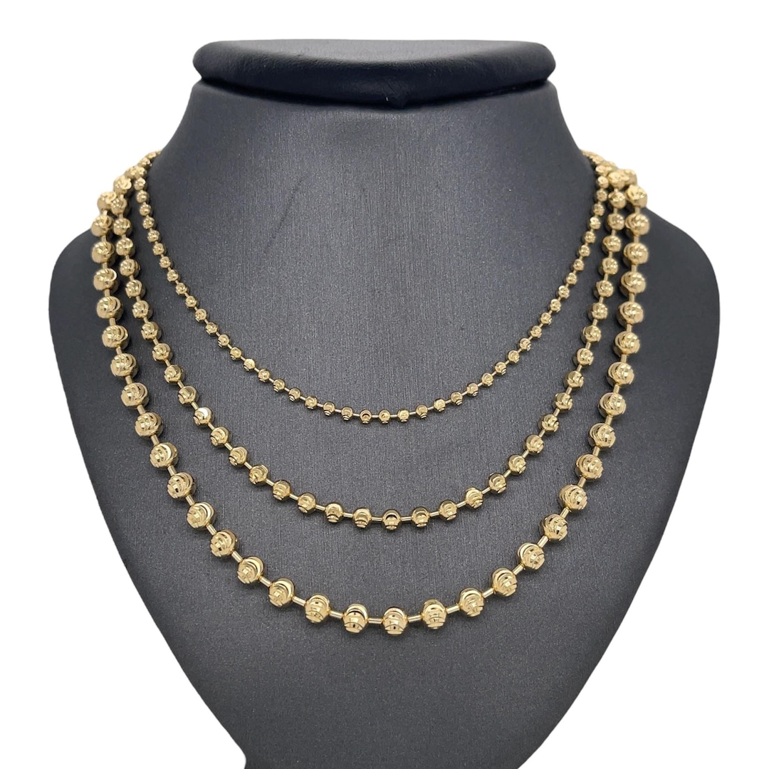 14K Solid Yellow Gold Diamond Cut Mooncut Ball Link Chain, Ball Links ...
