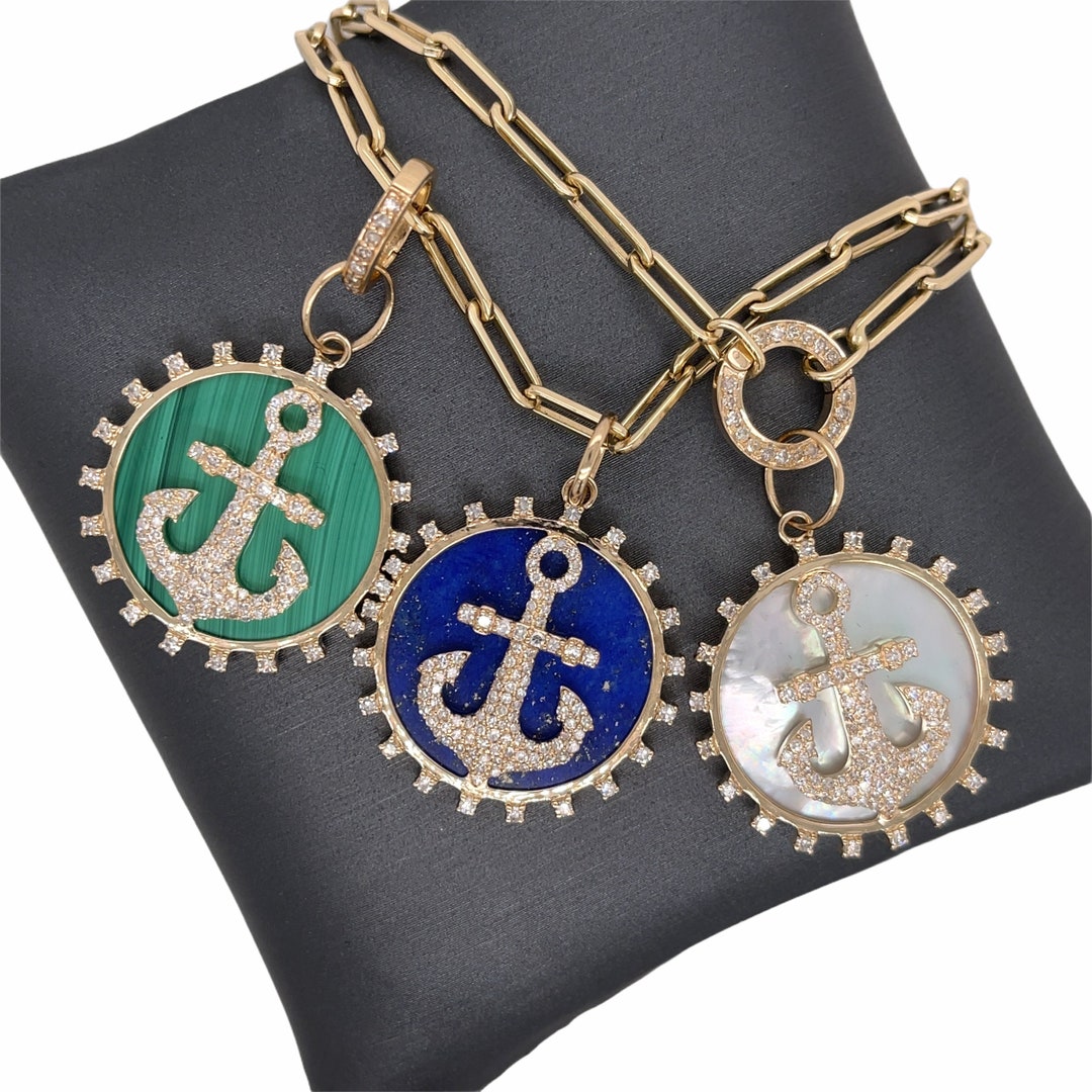 14K Solid Gold, Diamond Rim Design, Pave Set Diamonds, Anchor Disc ...