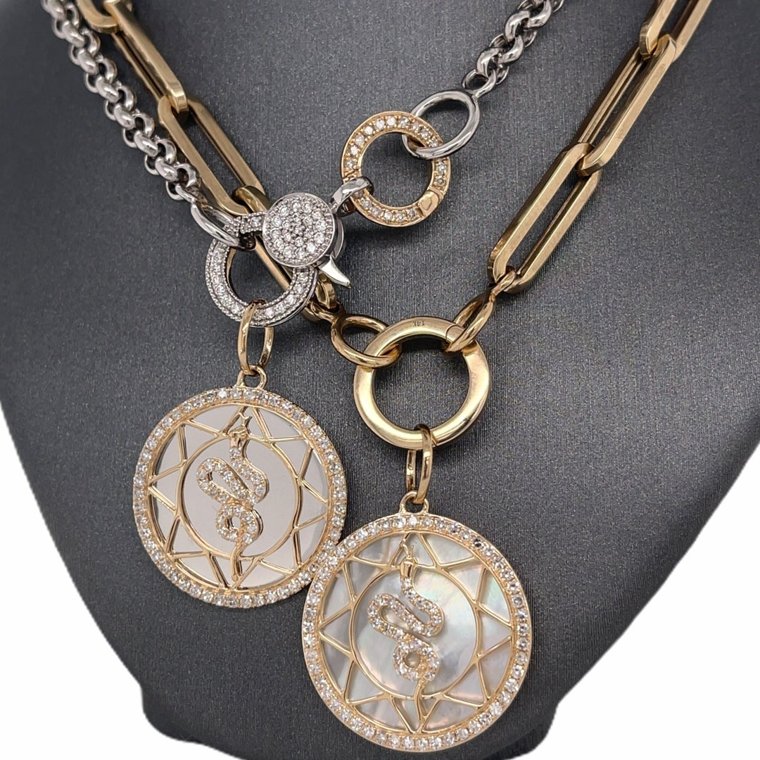 14K Solid Yellow Gold Diamond Snake Medallion, White Gold, Two Tone ...