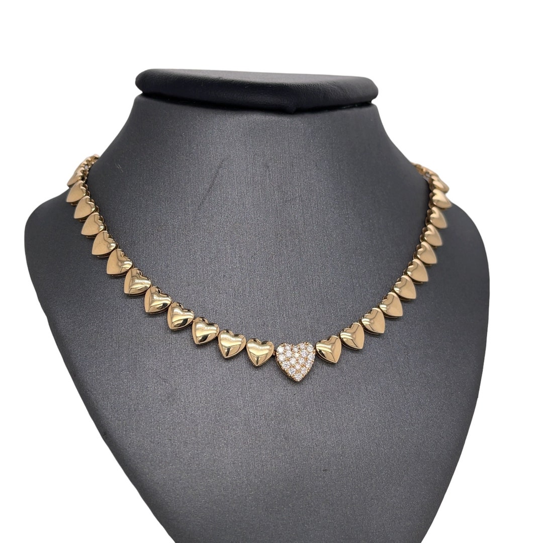 14K Yellow Gold Diamond Heart Link Necklace, Yellow Gold Necklace ...