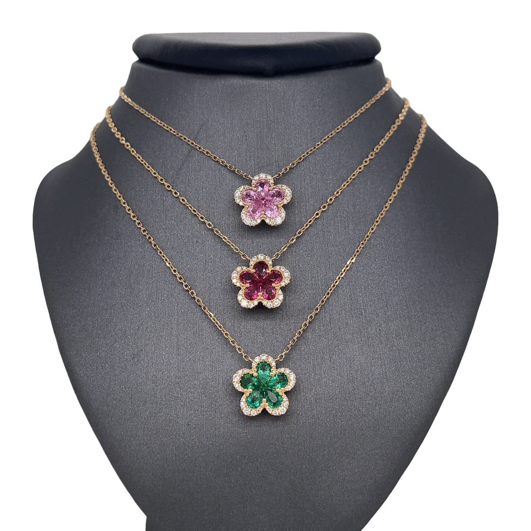 14K, 18K, Yellow Gold Diamond and Gemstone Flower Charm Necklace ...