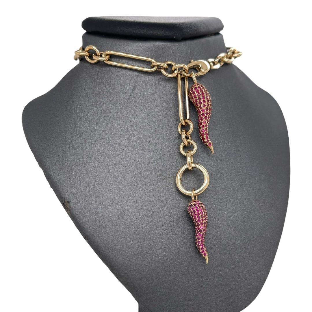 14K Yellow Gold Ruby Horn Charm Necklace - Etsy