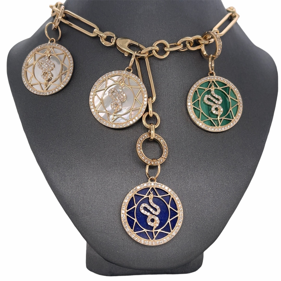 14K Solid Yellow Gold Diamond Snake Medallion Pendant, Mother of Pearl ...