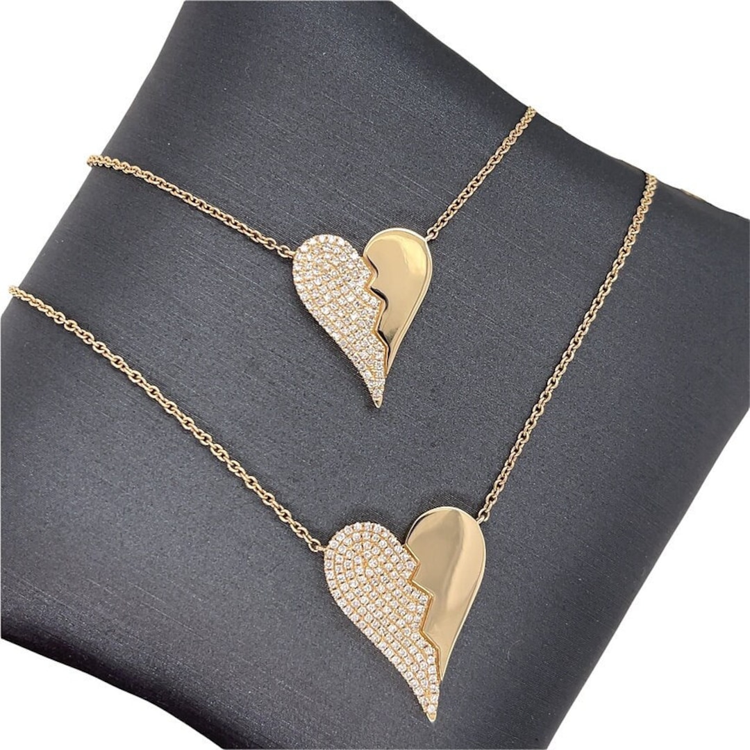 14K Solid Yellow Gold Diamond Split Heart Charm Necklace, Yellow Gold ...