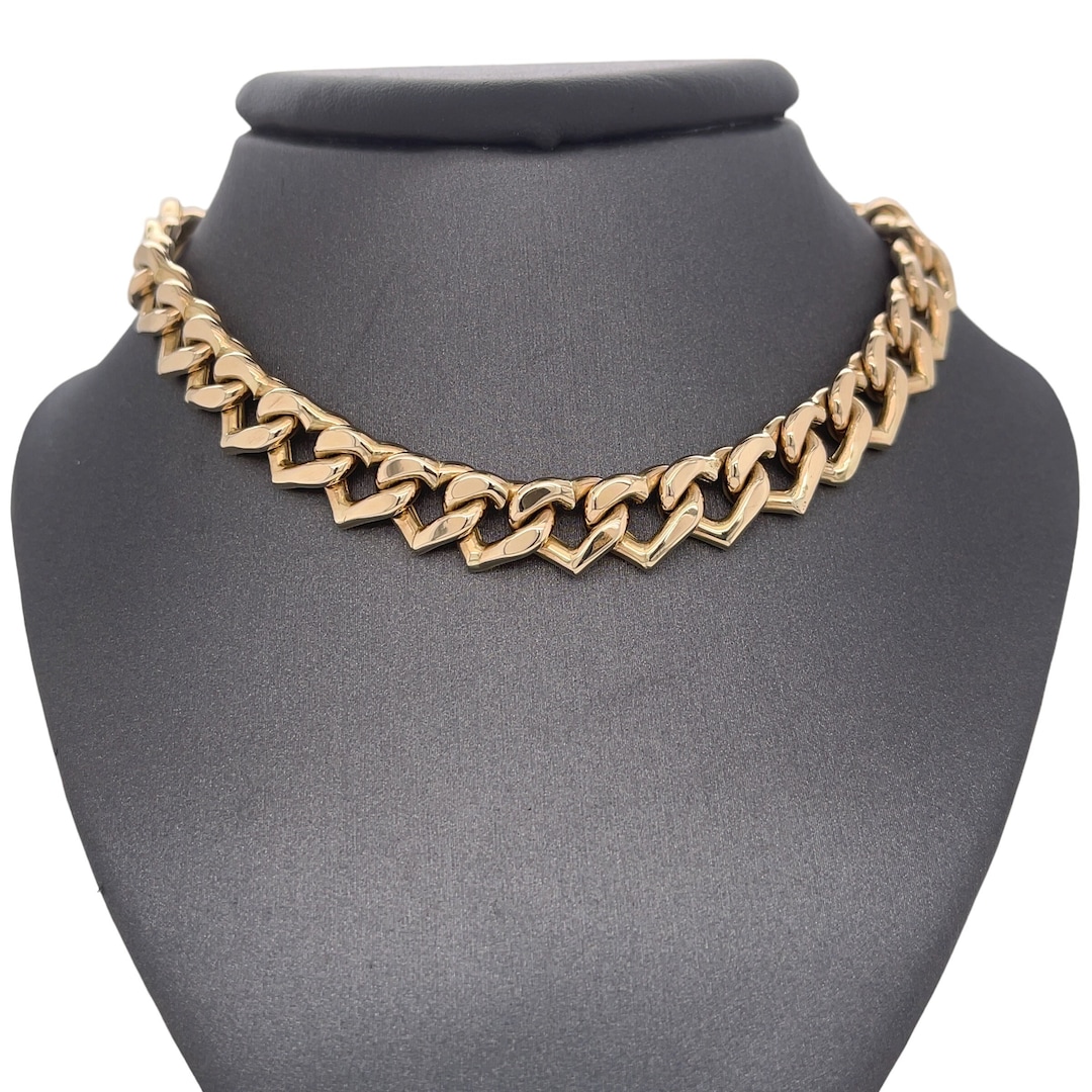 14K Italian Yellow Gold Heart Curb Link Chain, Heart Link, Interlocking ...