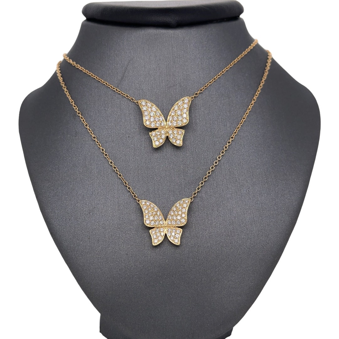 18K Yellow Gold Diamond Butterfly Charm Necklace, Butterfly Necklace ...