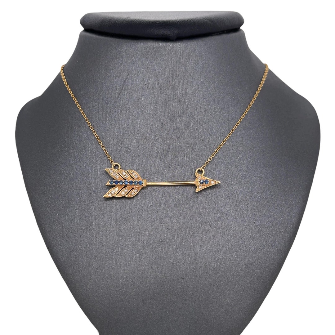 14K Yellow Gold Diamond and Sapphire Arrow Pendant Necklace - Etsy
