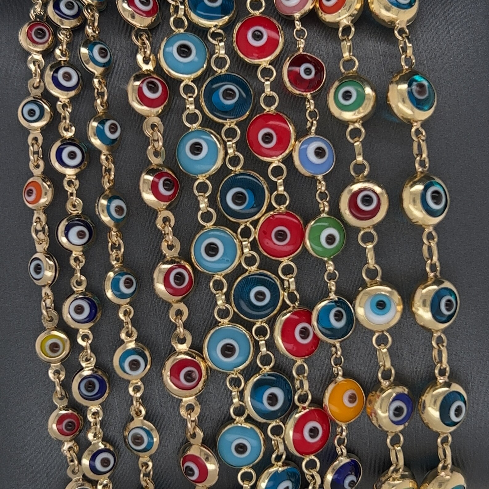 14K Yellow Gold Mini Small Bead Evil Eye Link Bracelet Cable | Etsy