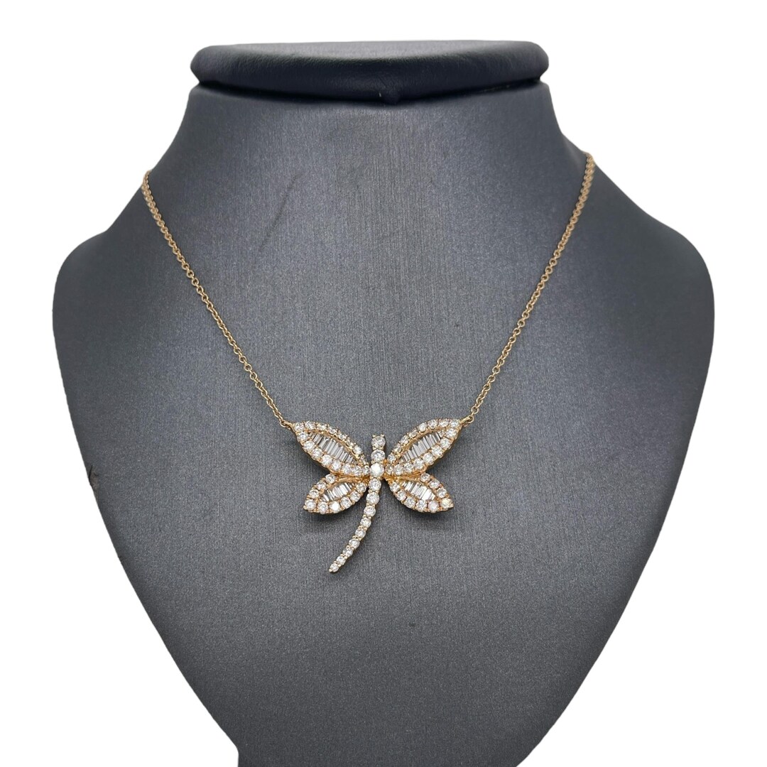 14K Solid Yellow Gold Diamond Dragonfly Charm Necklace, Pave Diamonds ...