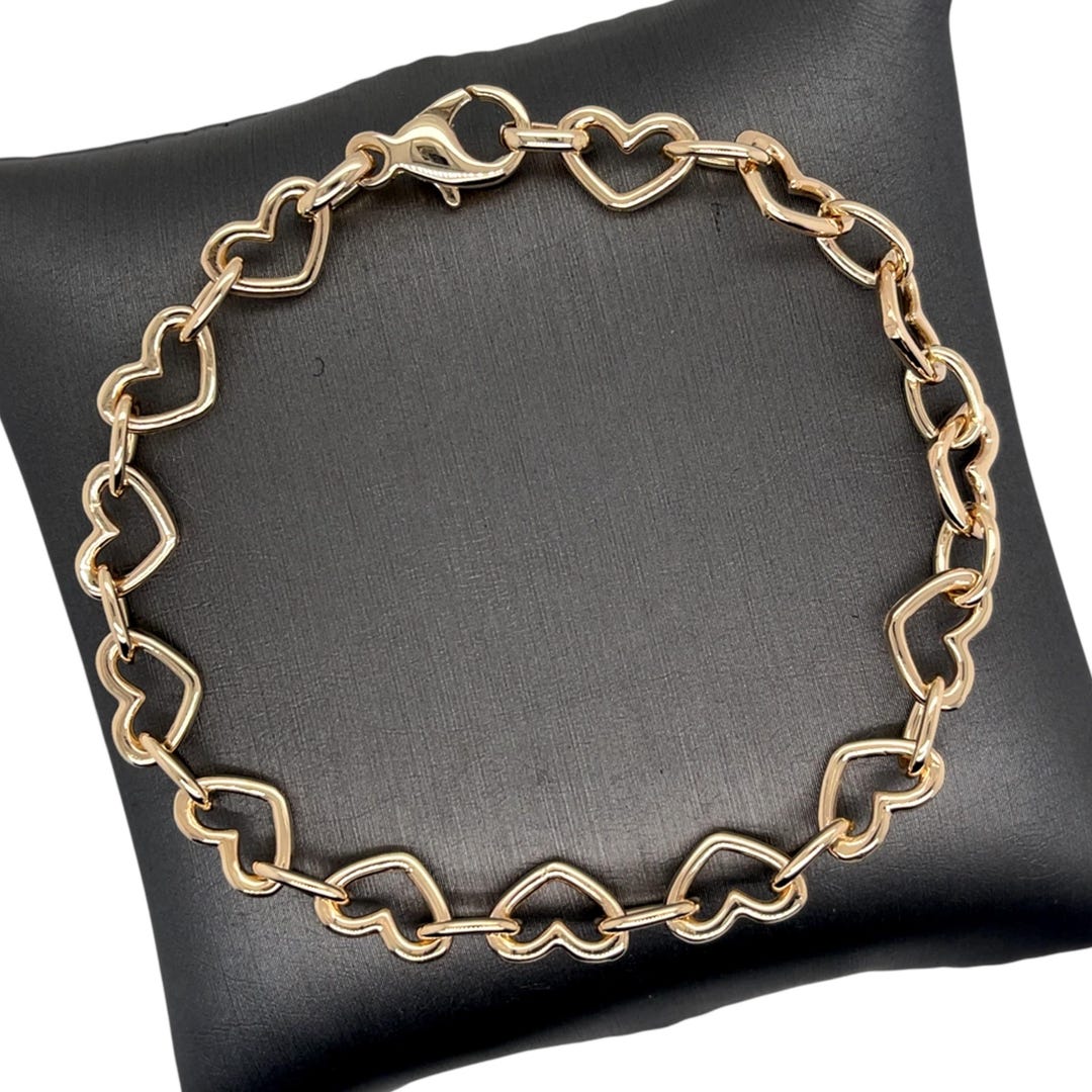 14K Solid Italian Yellow Gold Heart Link Bracelet - Etsy