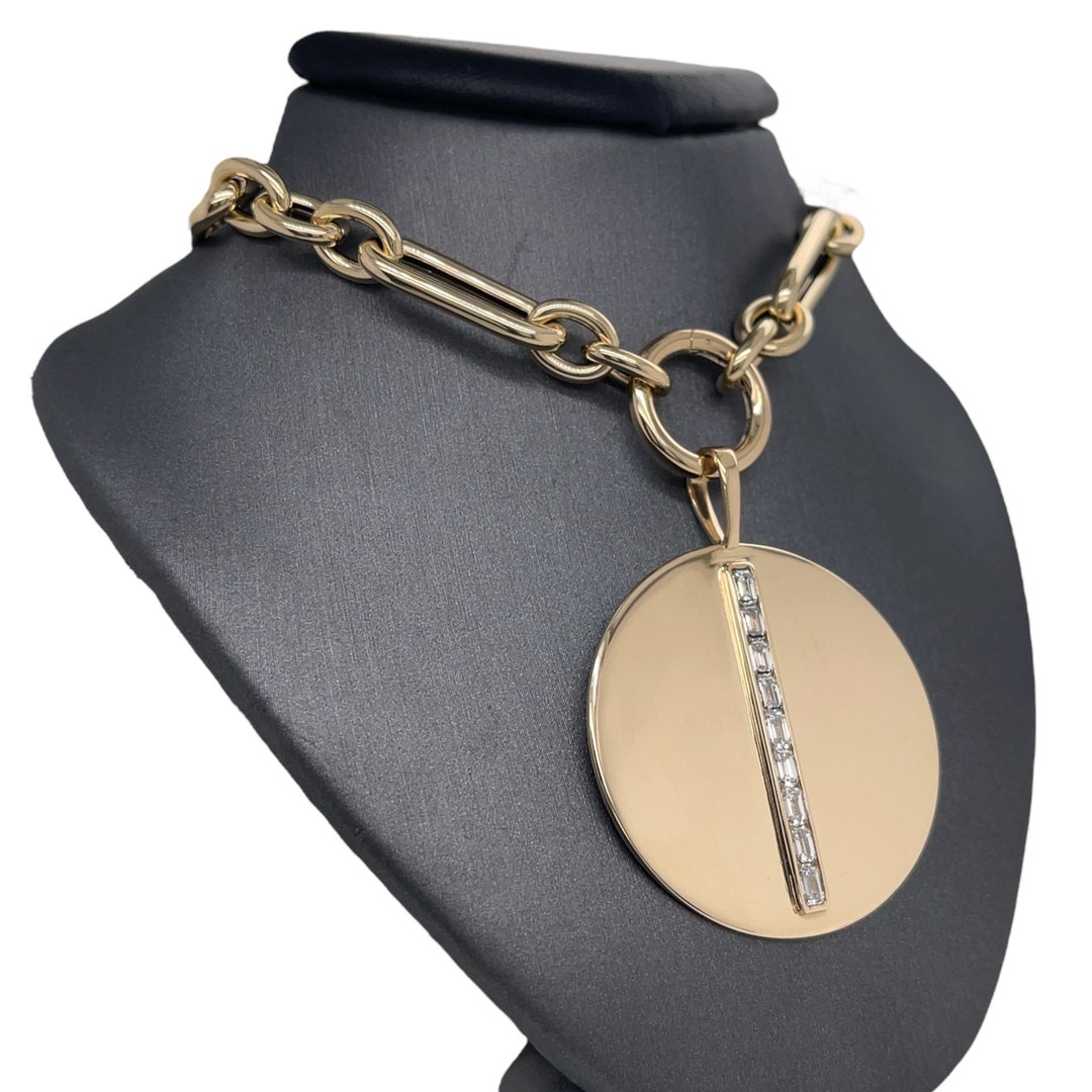 14K Gold Baguette Diamond Disc Pendant, White Gold, Yellow Gold, High Polished, Disc Charm ...