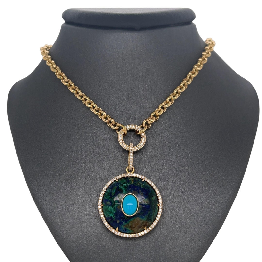 18K Yellow Gold Diamond and Azurite Malachite Medallion Pendant ...