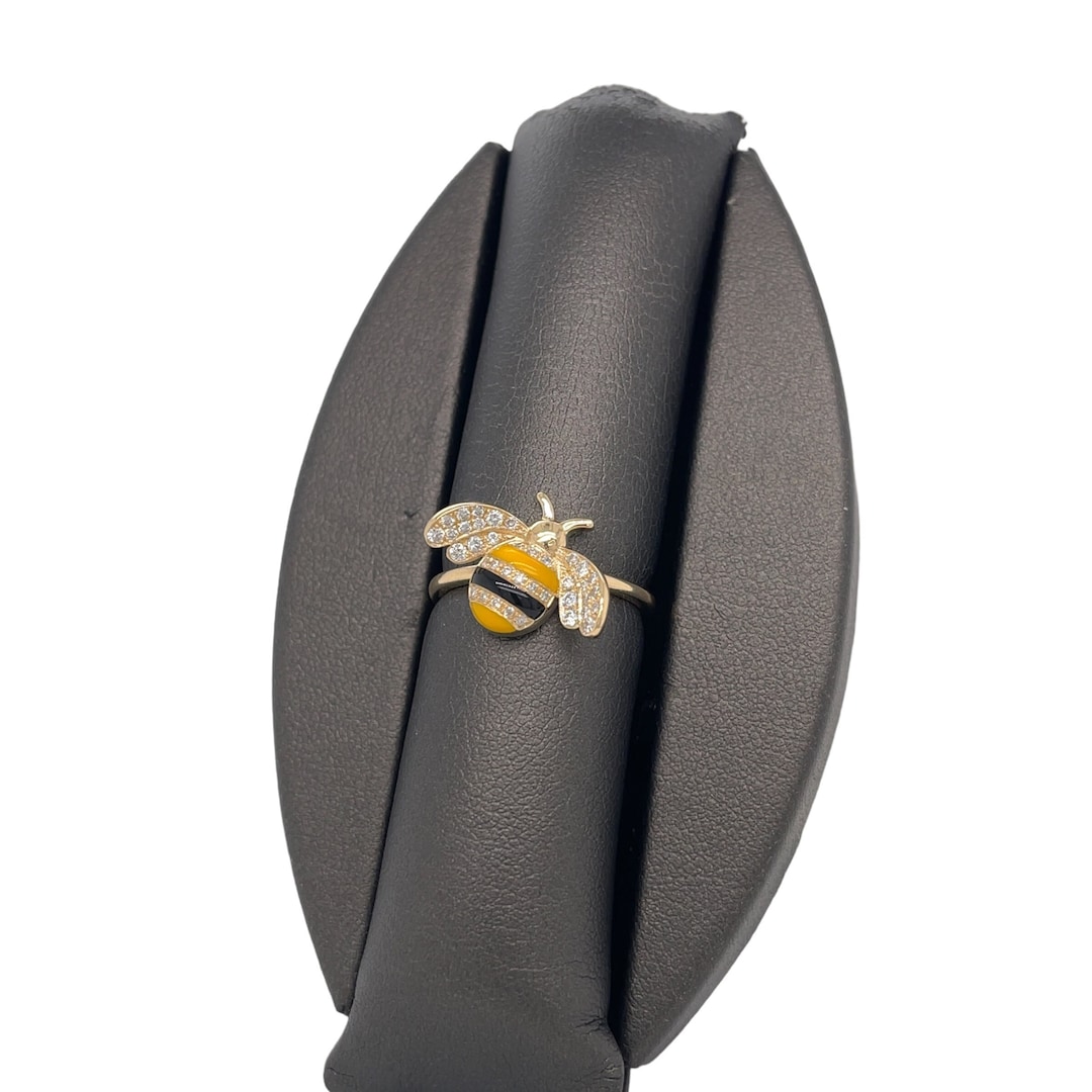 18K Solid Yellow Gold Diamond and Enamel Bee Ring, Diamonds, Yellow ...