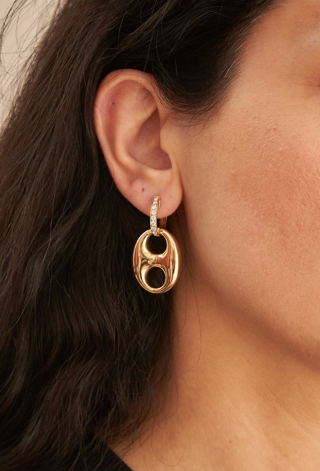 14K Solid Italian Yellow Gold Diamond Puffed Mariner Drop Earrings ...