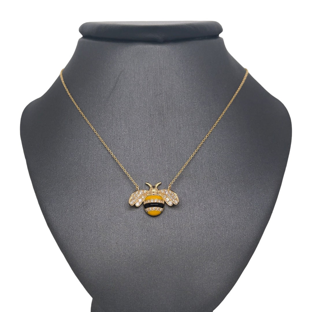 18K Italian Yellow Gold Diamond Bee Charm Necklace, Enamel, Black ...