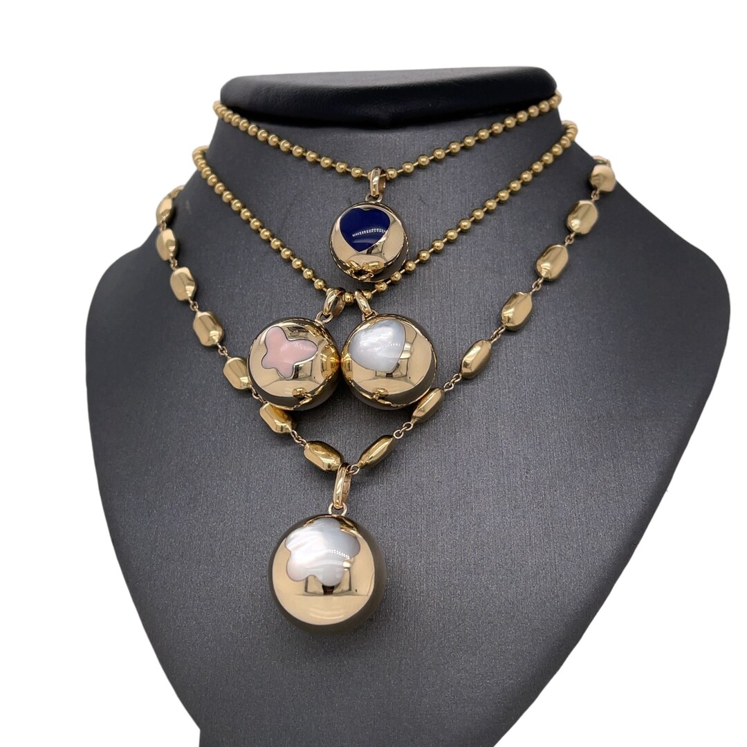 14K Italian Gold Inlay Heart Ball Charm, Inlay, Mother of Pearl, Lapis ...