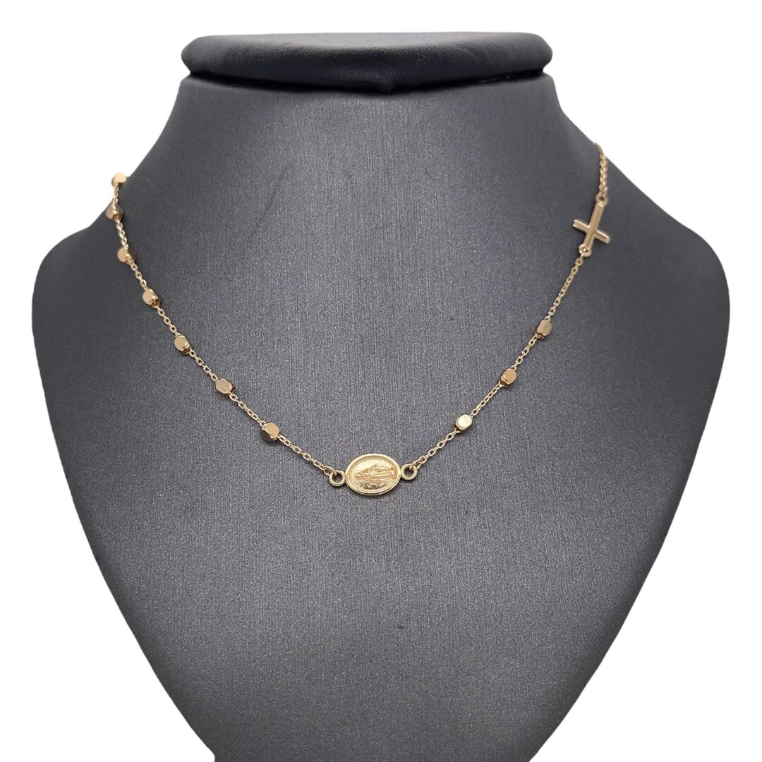 14K Yellow Gold Cross and Virgin Mary Pendant Chain Necklace - Etsy