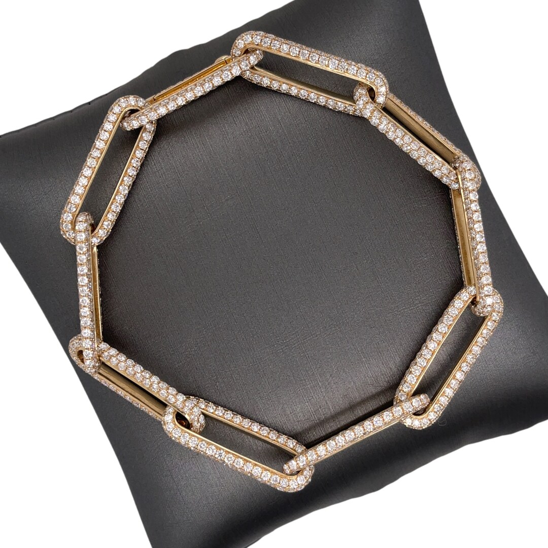 14K Solid Yellow Gold Diamond Paperclip Link Bracelet, Diamonds ...