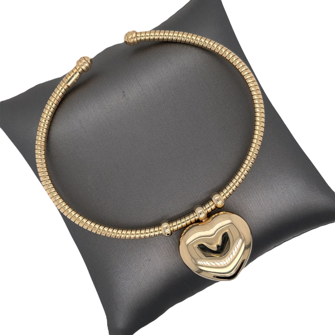 14K Yellow Gold Puffed Heart Charm Cuff Bangle - Etsy