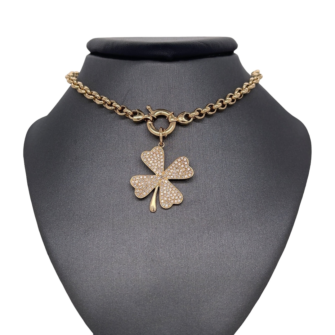 14K Solid Gold Diamond Clover Charm Pendant Yellow Gold - Etsy 14K Solid Gold Diamond Clover Charm Pendant Yellow Gold - Etsy