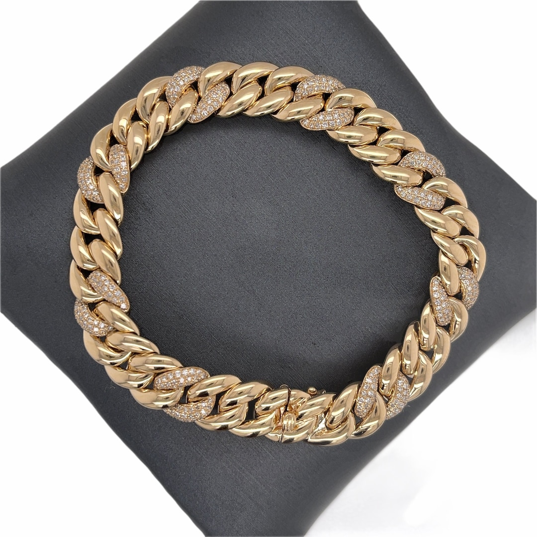 14K Solid Yellow Gold Diamond Miami Cuban Link Bracelet - Etsy