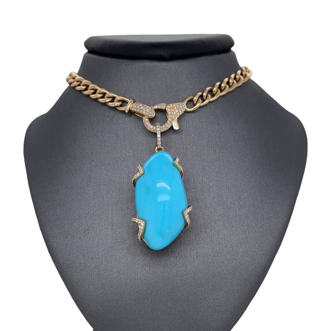 18K Solid Gold Turquoise and Diamond Charm Pendant, Dimond Vine, Yellow ...