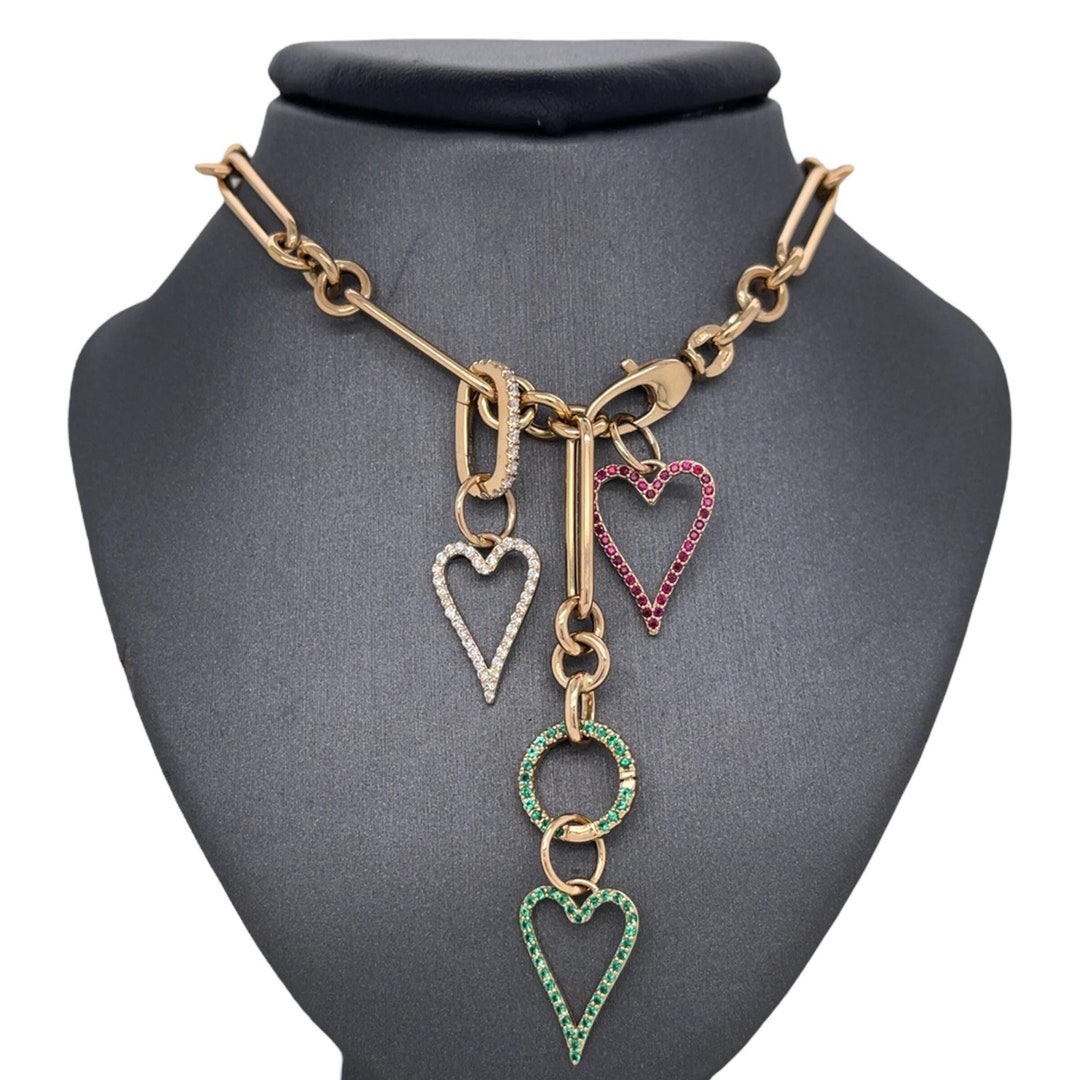 14K Gold Open Heart Pendant, Ruby Heart Charm, Emerald Heart Pendant ...