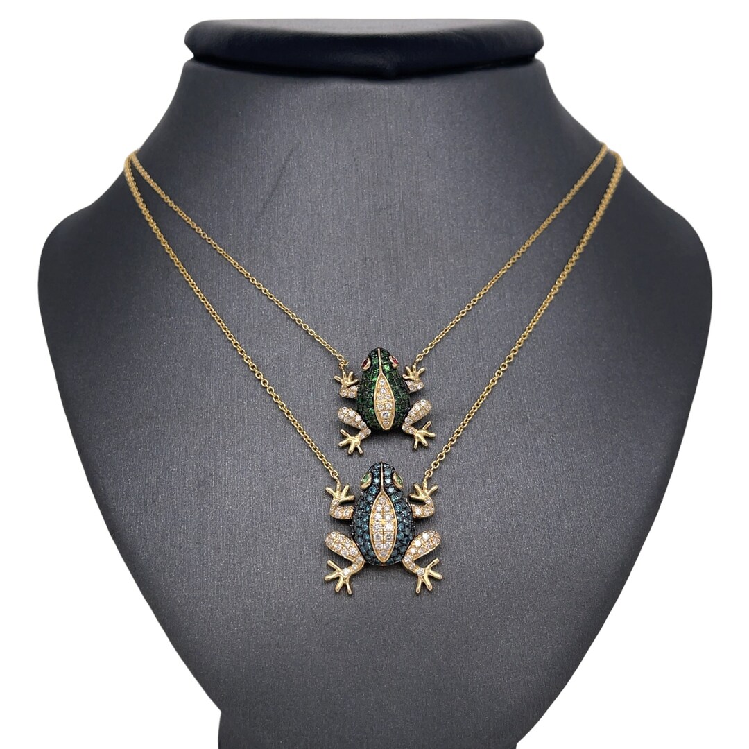 18K Yellow Gold Diamond Frog Charm Necklace, Blue Diamonds, Diamonds ...