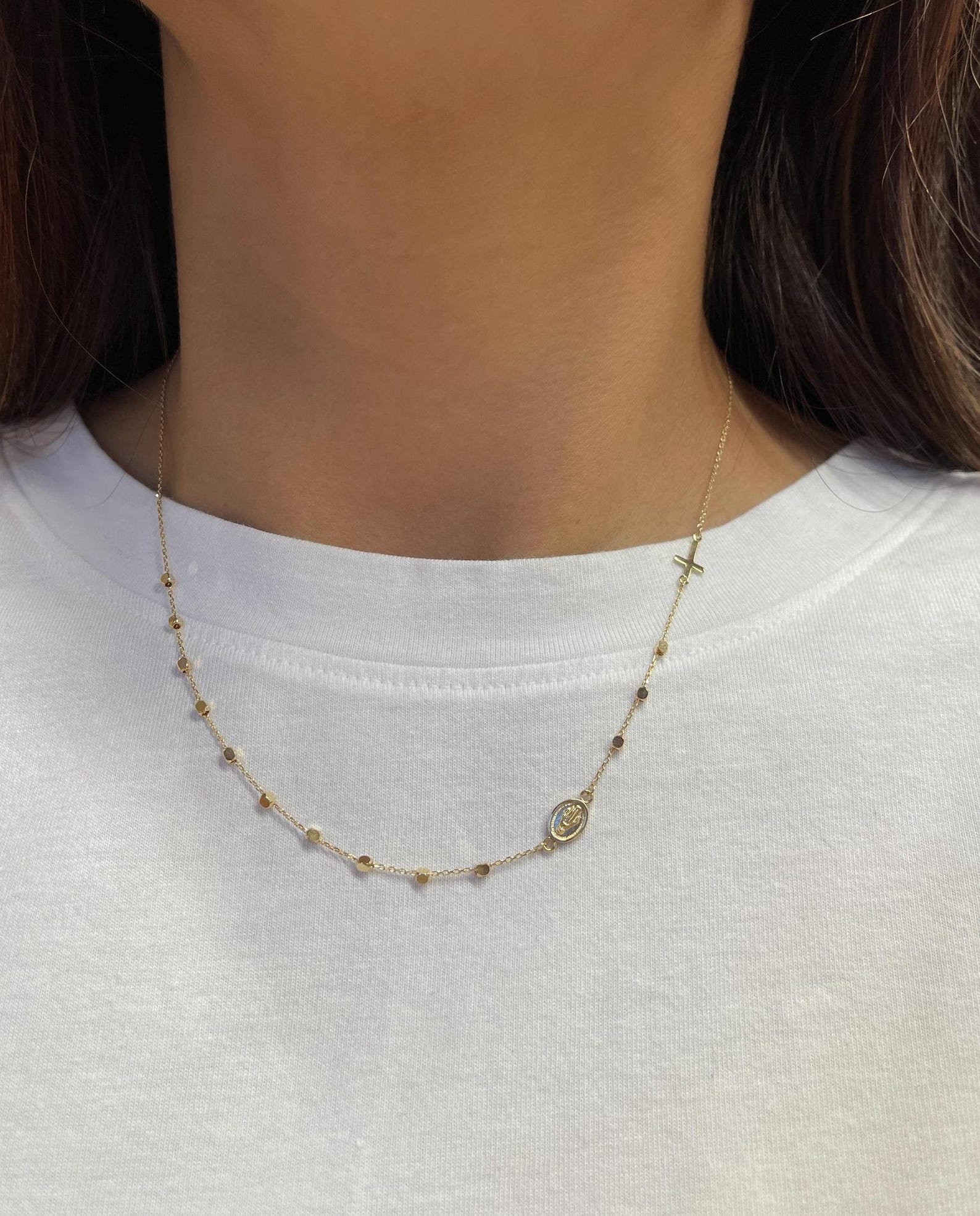 14K Yellow Gold Cross and Virgin Mary Pendant Chain Necklace - Etsy