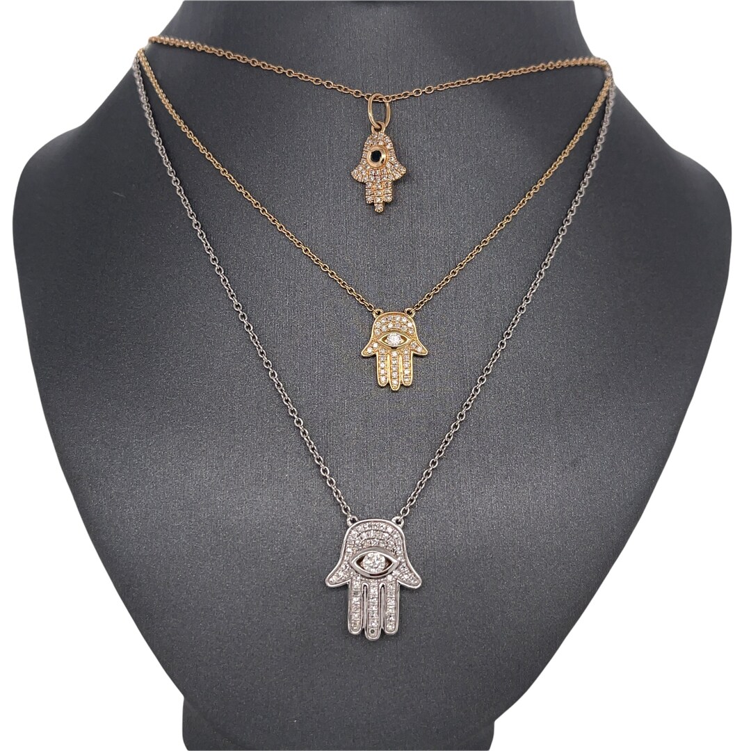 14K Gold, White Gold, Diamond, Hamsa, Hand of God, Charm, Cable Link ...
