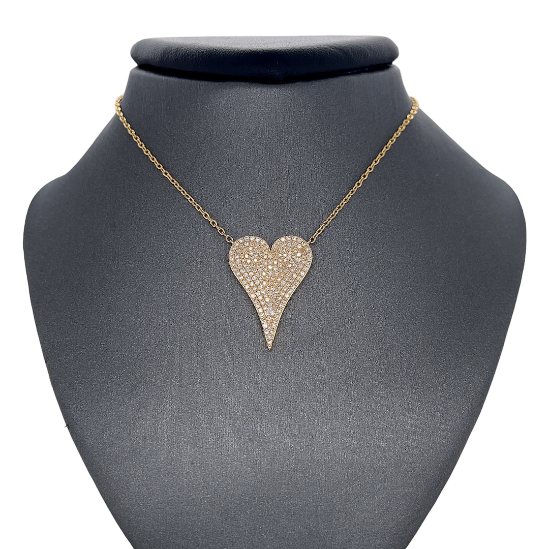 14K Solid Yellow Gold Pave Set Diamond Heart Charm Necklace, Pave ...