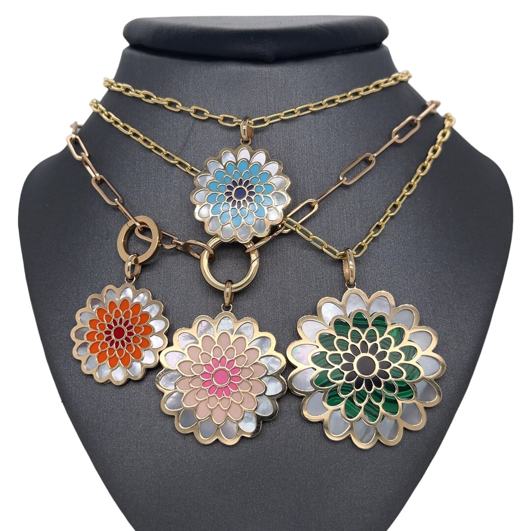 14K Italian Gold Gemstone Inlay Flower Charm, Mother of Pearl ...