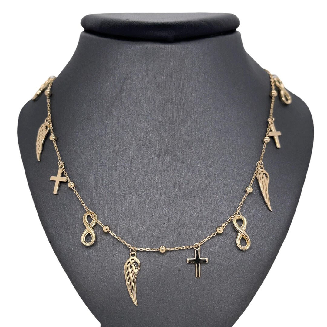 14K Yellow Gold Multi Charm Ball Chain, Cross, Wing, Eternity Symbol ...