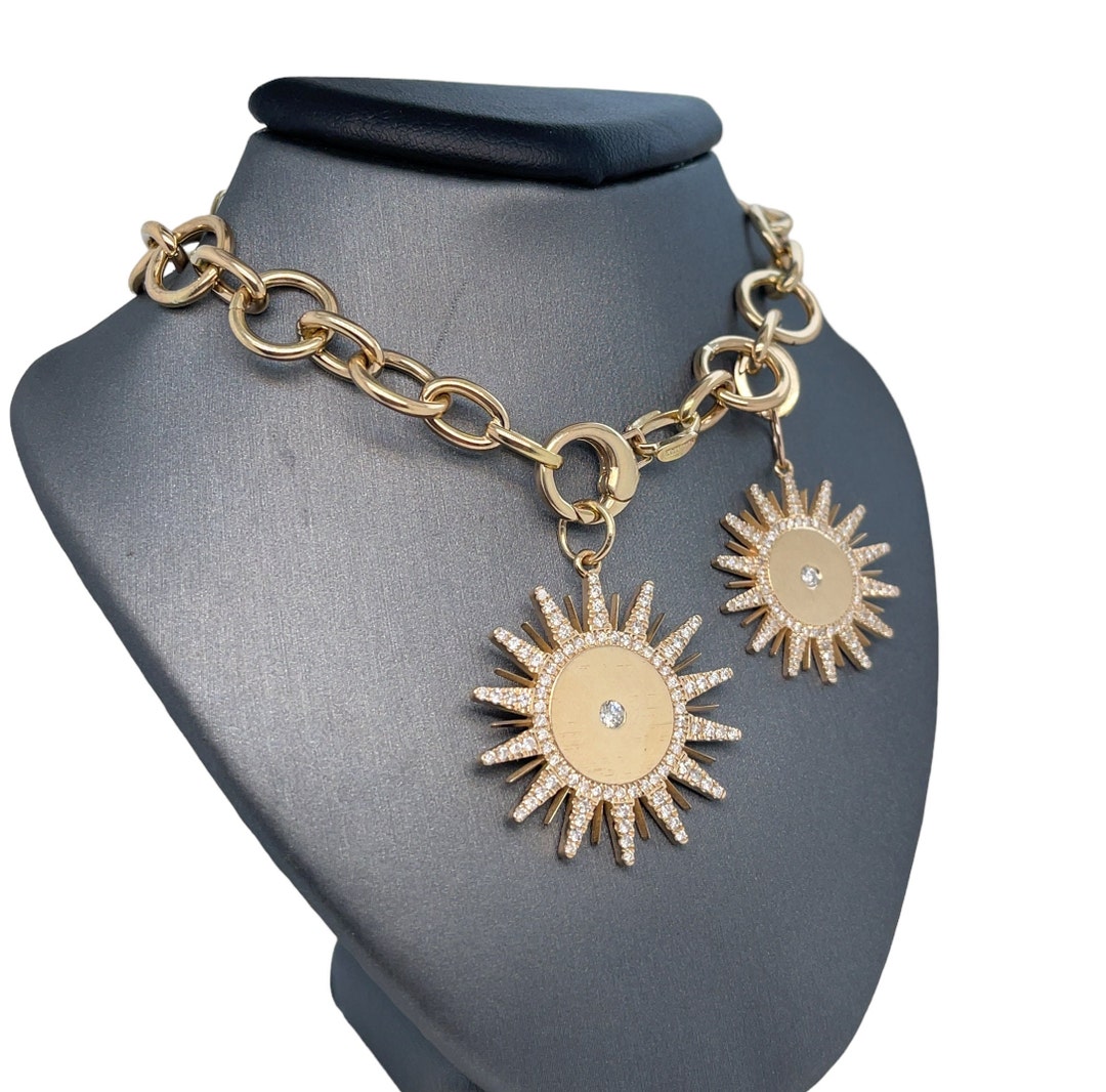14K Solid Gold Diamond Sunburst Charm, Yellow Gold, High Polished ...