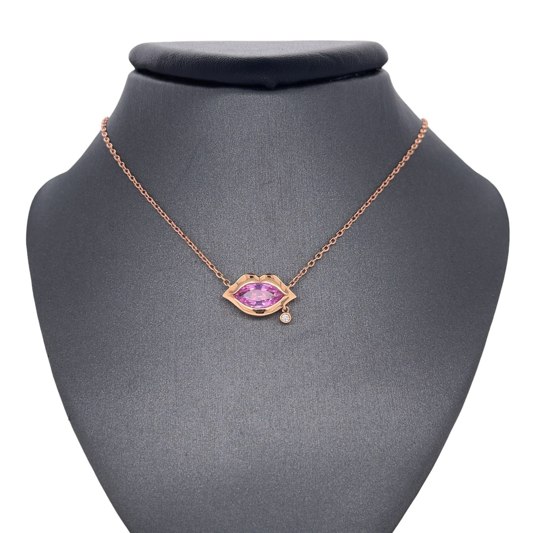18K Rose Gold Pink Sapphire Lip Charm Necklace, Diamonds, Bezel, Pink ...