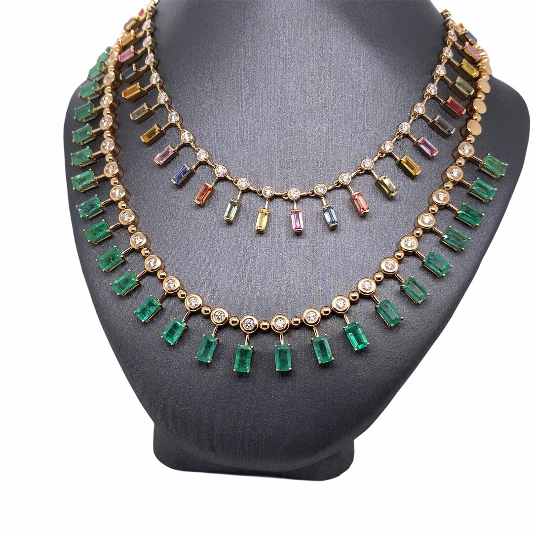 14K Solid Gold, Encased Bezelset Emeralds, Multi Sapphires, Gemstones ...