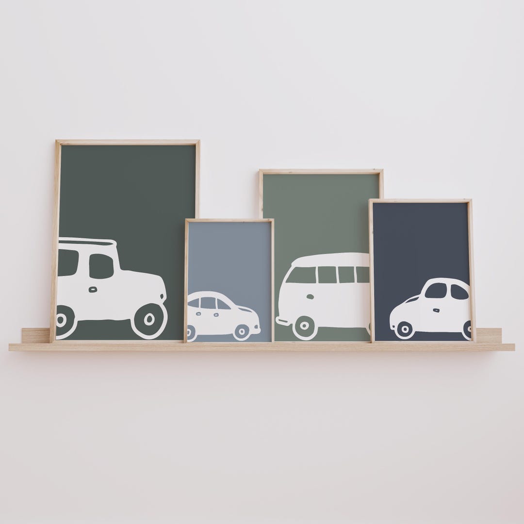 Car Wall Art Set of 4, Minimalist Vehicle Prints, Boys Transportation ...
