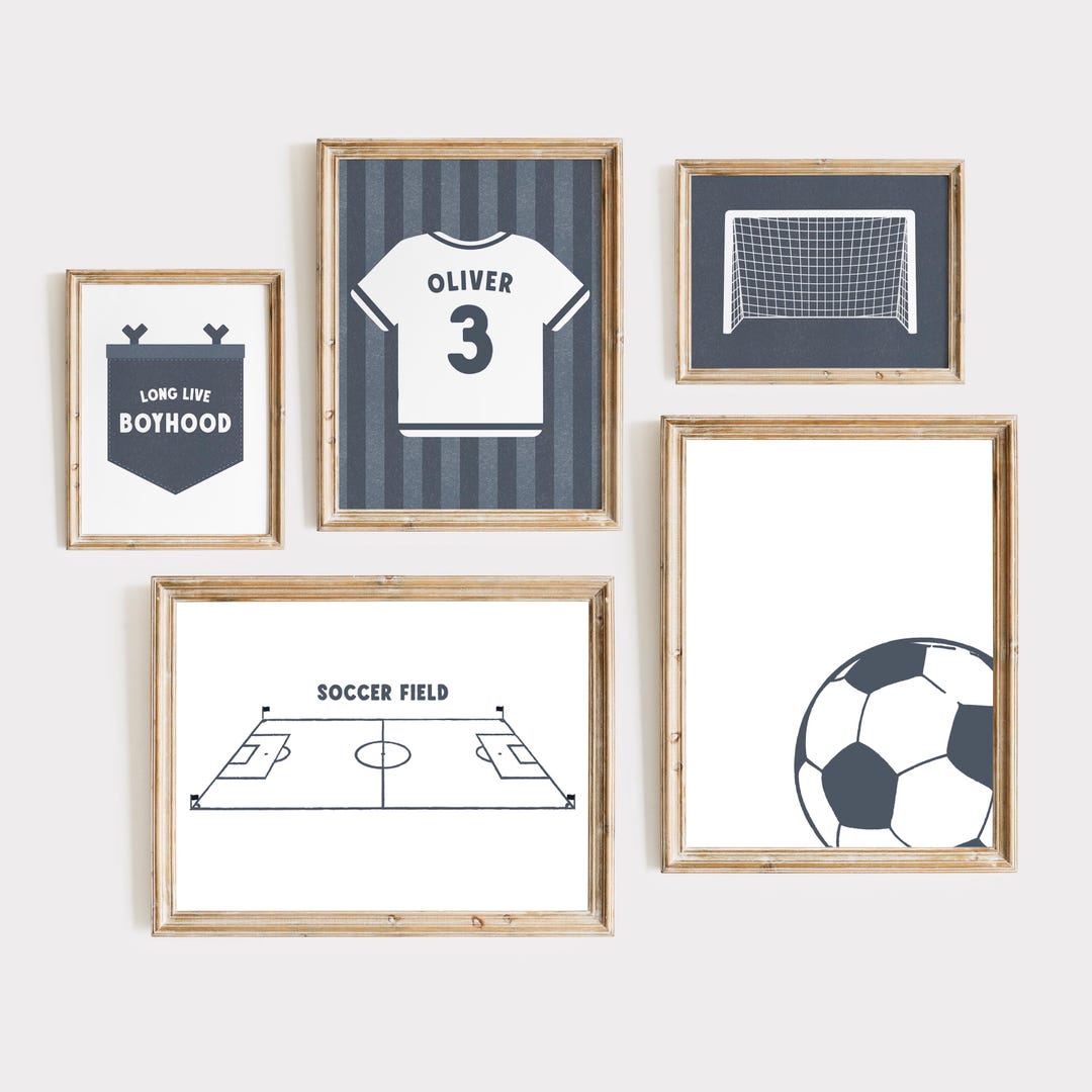 Soccer Wall Art Set of 5 Prints, Custom Jersey Name and Number, Kids ...