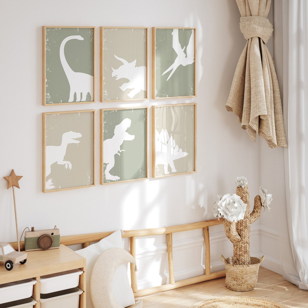 Dinosaur Decor, Set of 6 Prints, Green and Beige Shades, Dinosaur ...