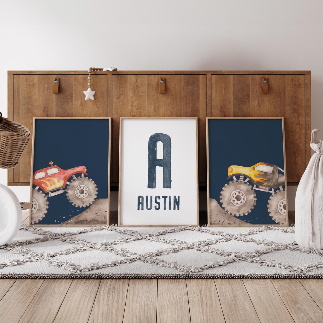 Monster Truck Wall Art, Set of 3 Prints, Watercolor Custom Name ...