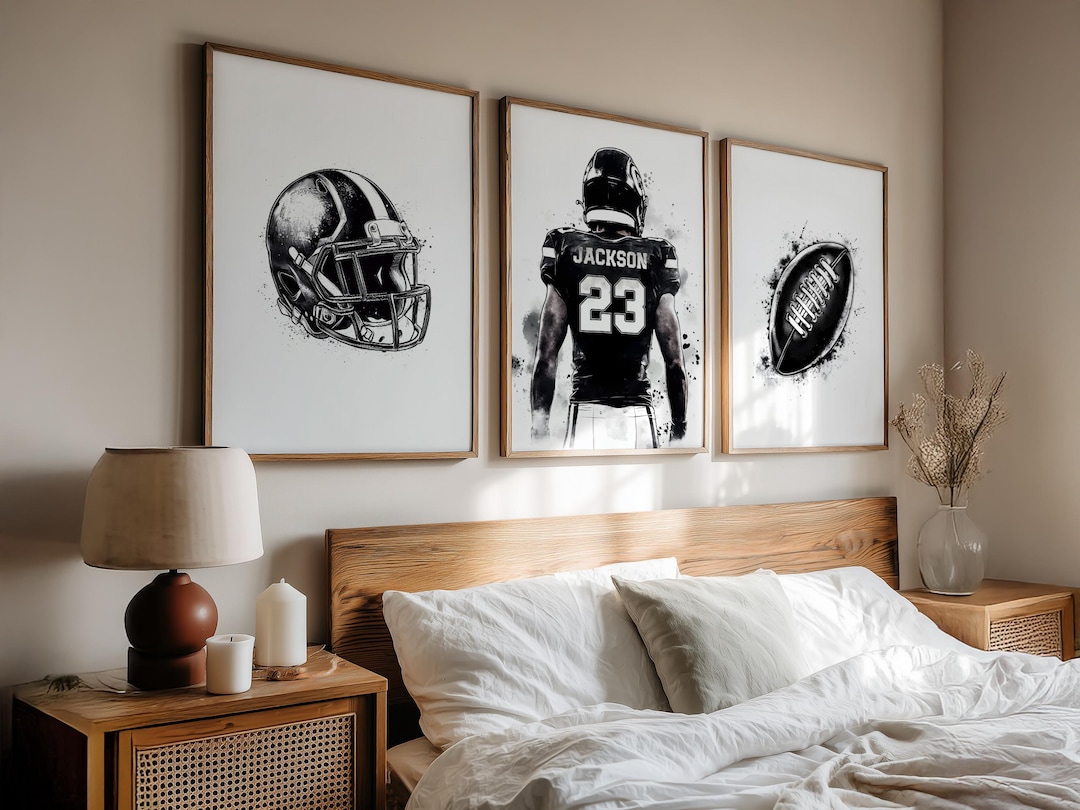 Custom Football Wall Art, Set of 3 Football Prints, Personalized Jersey ...