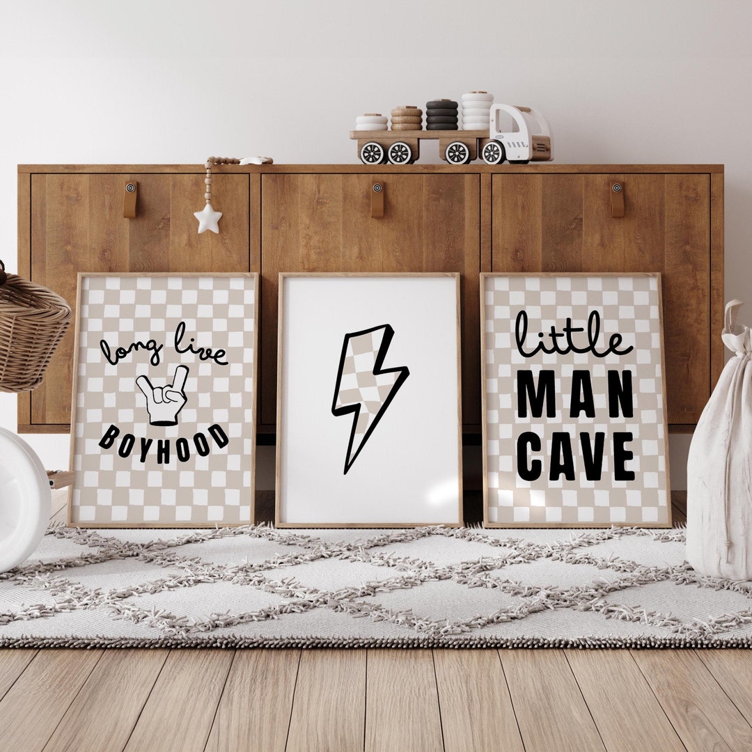 Little Man Cave, Baby Boy Nursery, Set of 3 Digital Prints, Beige Wall ...